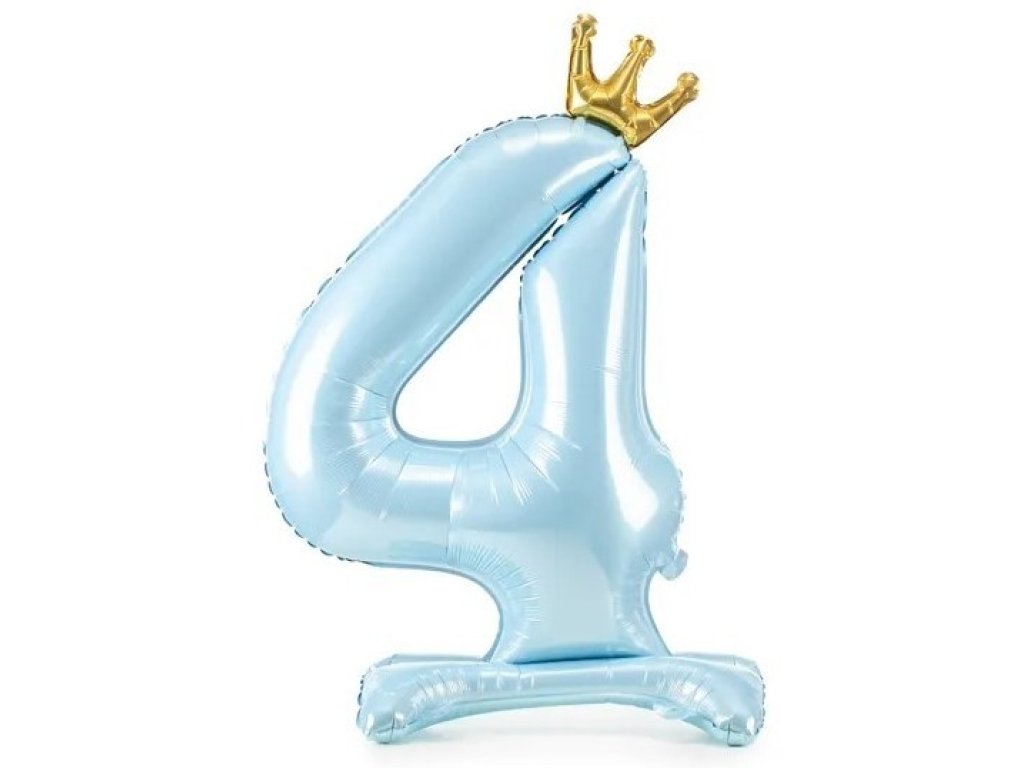 Balónek číslo 4 stojící modrý s korunkou 84 cm - balonky.cz
