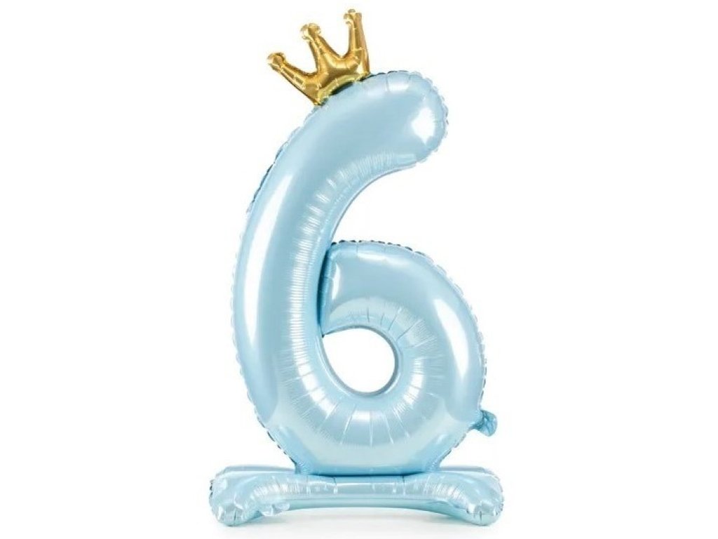 Balónek číslo 6 stojící modrý s korunkou 84 cm - balonky.cz