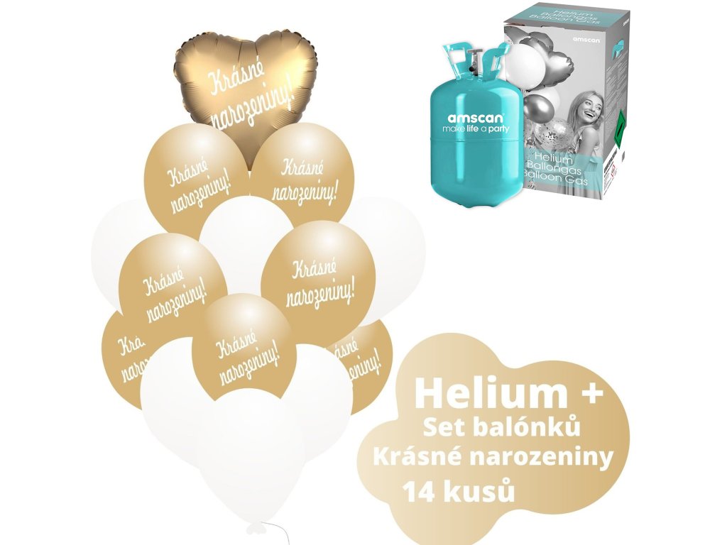 Helium sada - srdce zlatý a balónky s českým potiskem KRÁSNÉ NAROZENINY ...