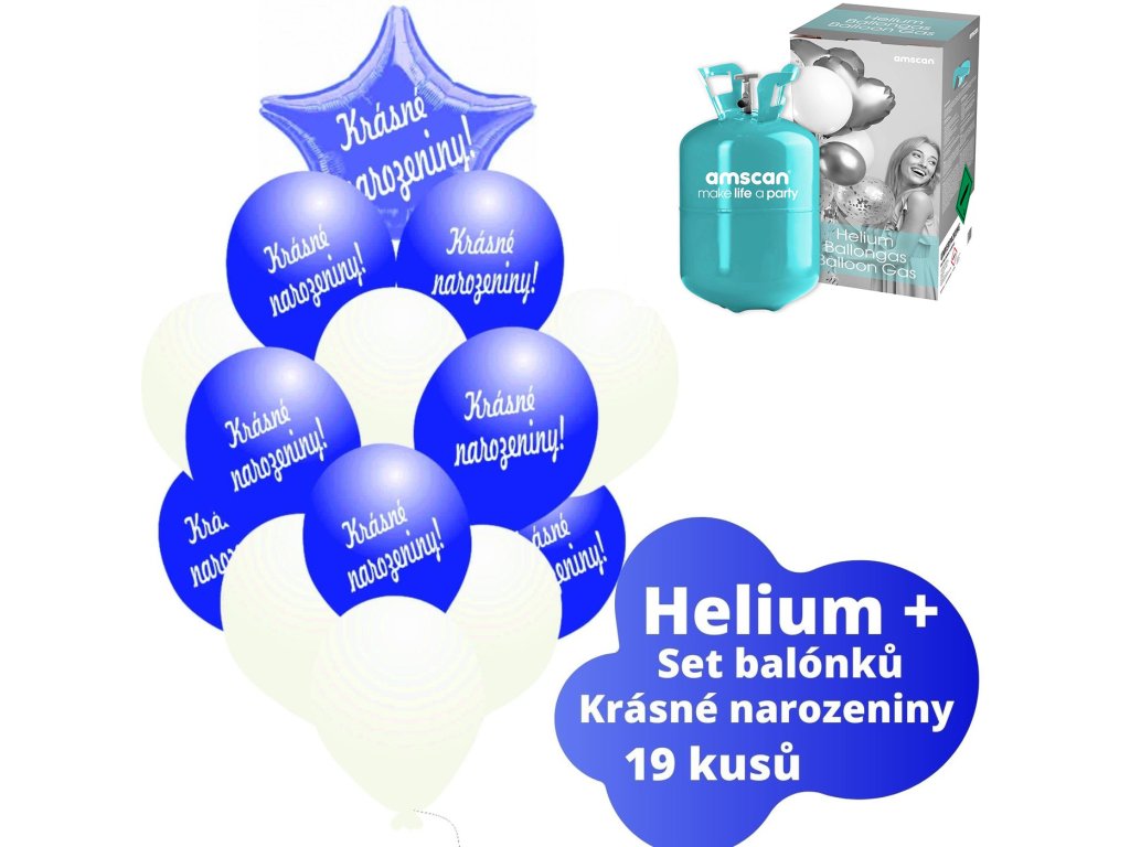 Helium sada - tmavěmodré balónky s českým potiskem KRÁSNÉ NAROZENINY ...