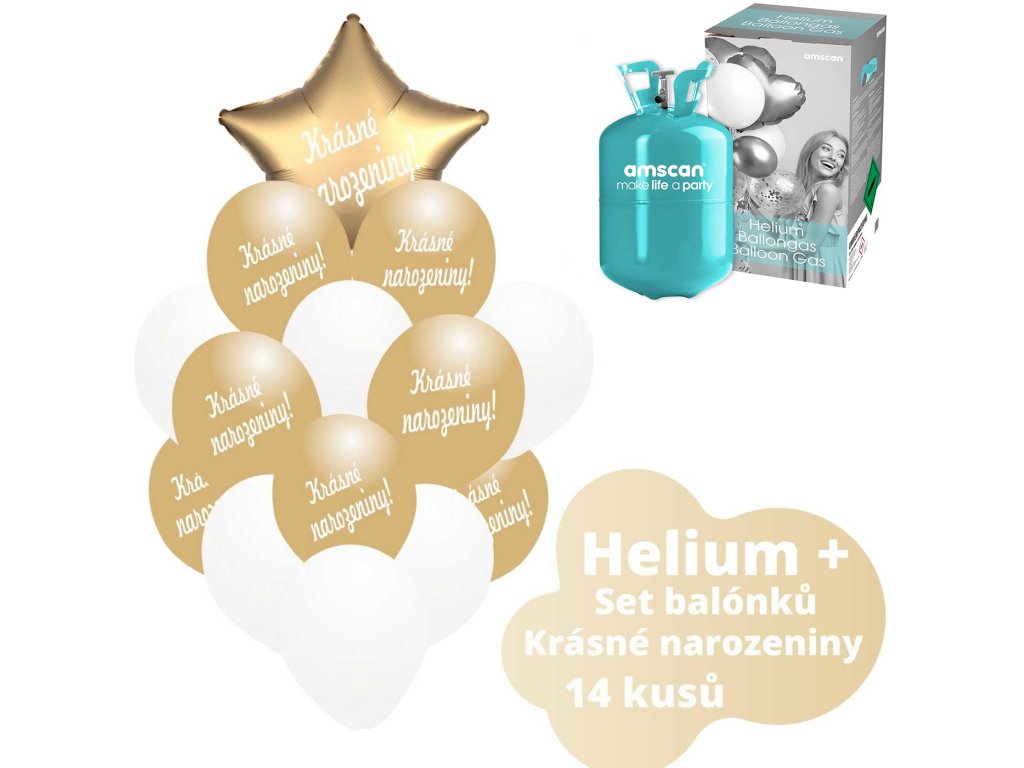 Helium sada - zlaté balónky s českým potiskem KRÁSNÉ NAROZENINY ...