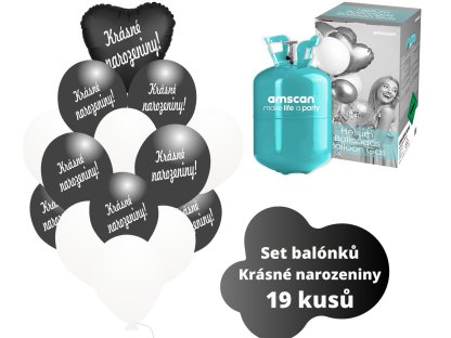 Helium sada - srdce černé a balónky s českým potiskem KRÁSNÉ NAROZENINY ...