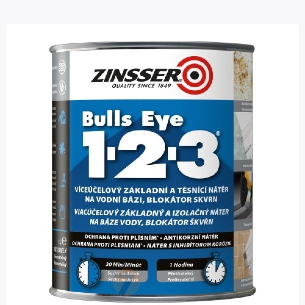 Zinsser Bulls Eye 1-2-3 multi-purpose water-based primer and sealer, stain blocker, 1 l ...