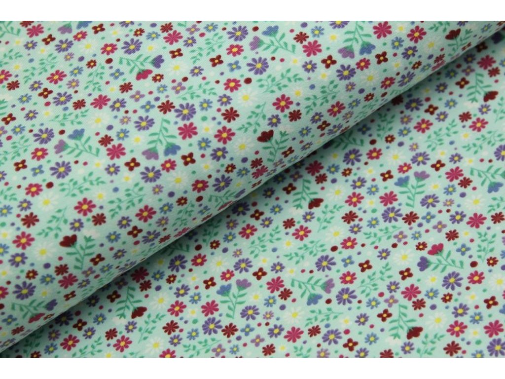 Bavlněný úplet - Kytky na husto - mentolová - Mojelátky.cz