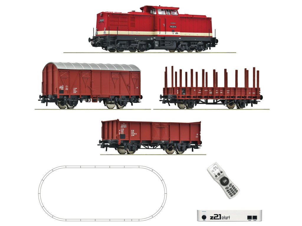 H0 Digitální set - Nákladní vlak, dieselová lokomotiva řady DR 110, kolejemi s podložím - Roco ...